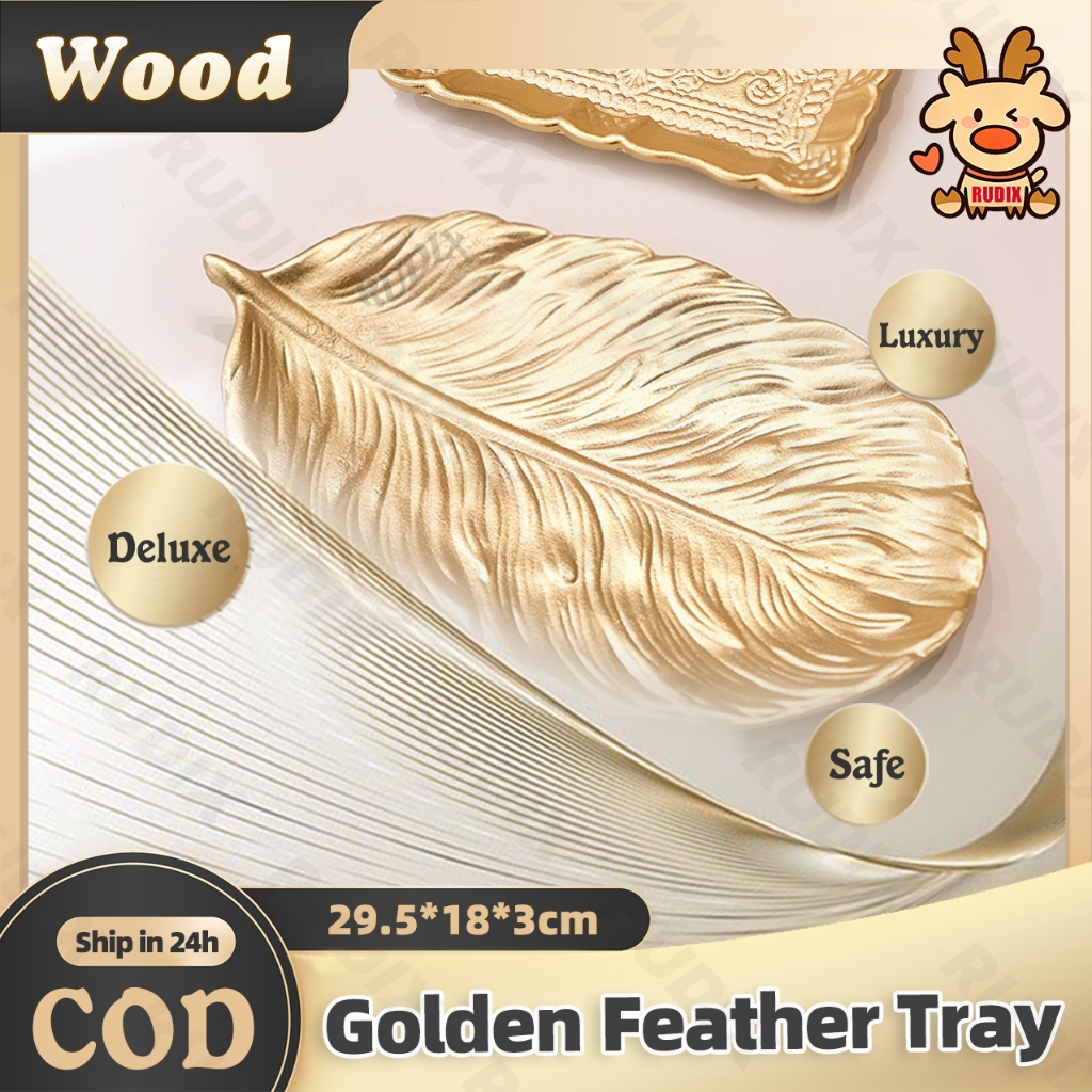 RUDIX Gold Leaf Tray Feather Shape Wood Organizer Fruit Table Plate ...