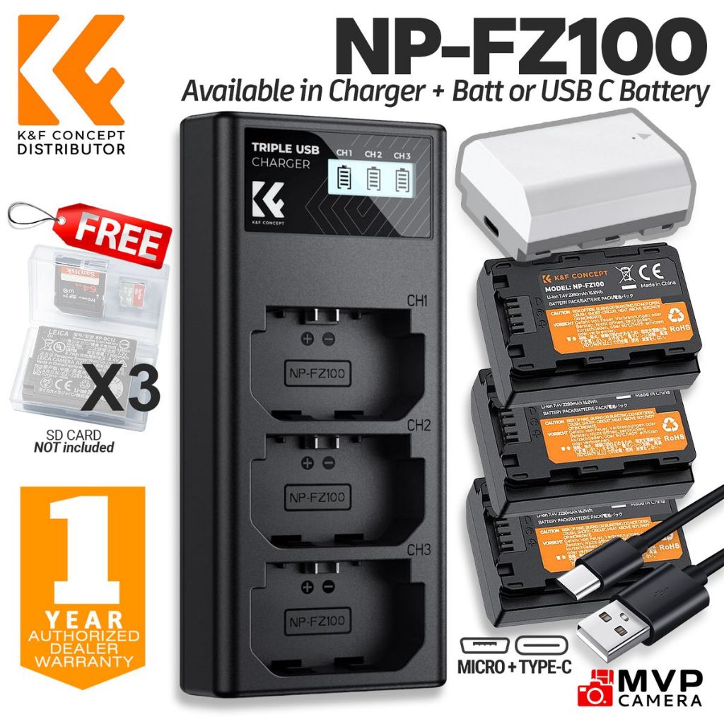 K&F KF CONCEPT NP-FZ100 NPFZ100 FZ100 Battery USB C Charger Sony A6600 A7III A7IV A9 FX3 ZVE1 ...