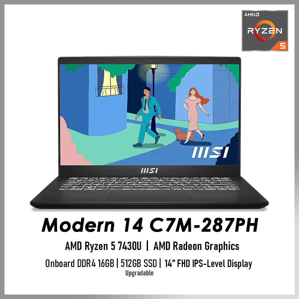 MSI Modern 14 C7M-287PH AMD Ryzen 5 7430U Radeon Graphics 14" Laptop ...