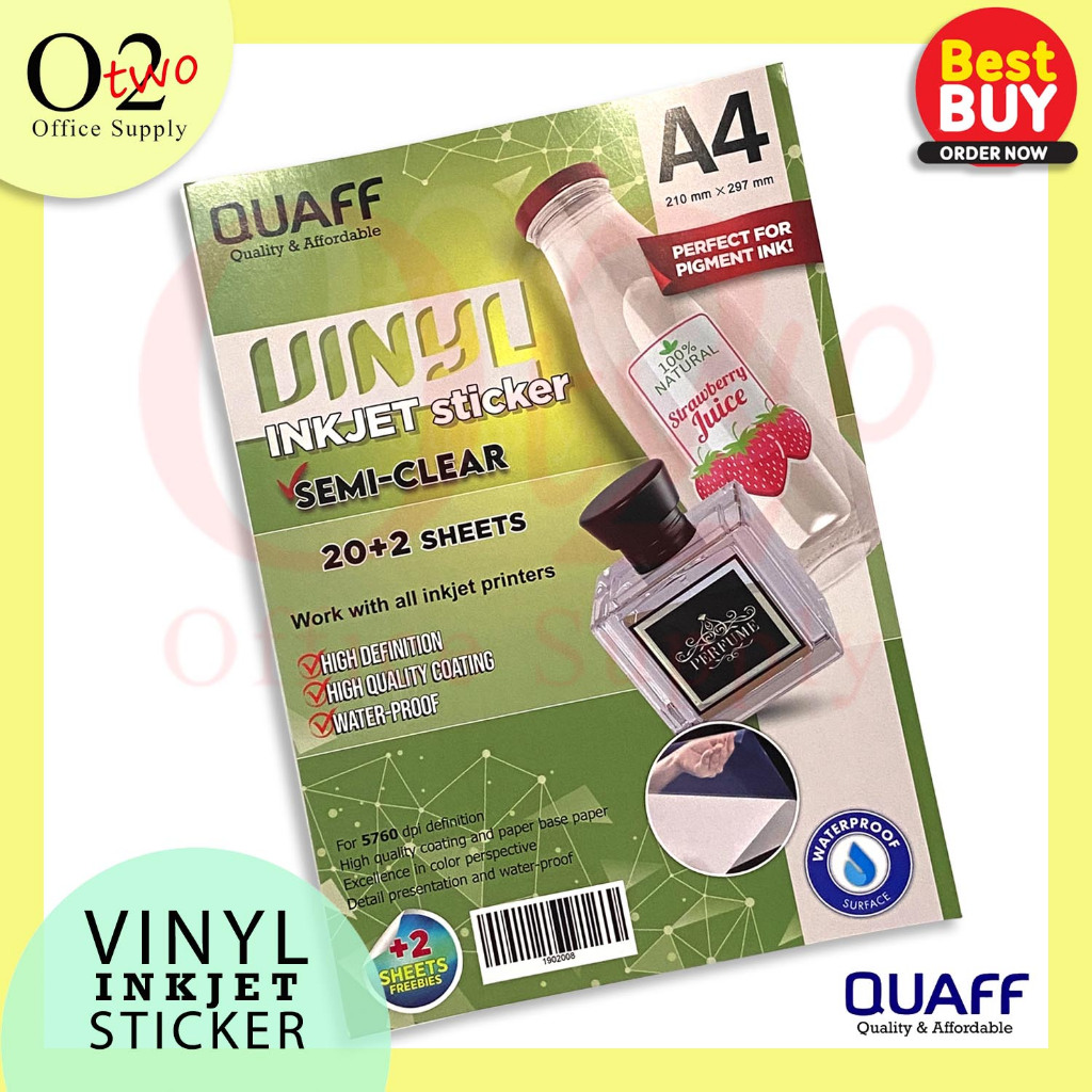 QUAFF Vinyl Inkjet Sticker SEMI-CLEAR A4 Waterproof (20+2 sheets ...