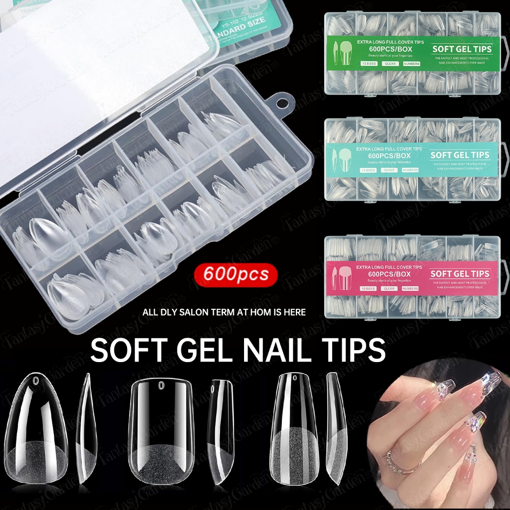 600 Pcs/Set Nail Tips Kit Nail Extensions Clear Gelly Soft Gel False ...