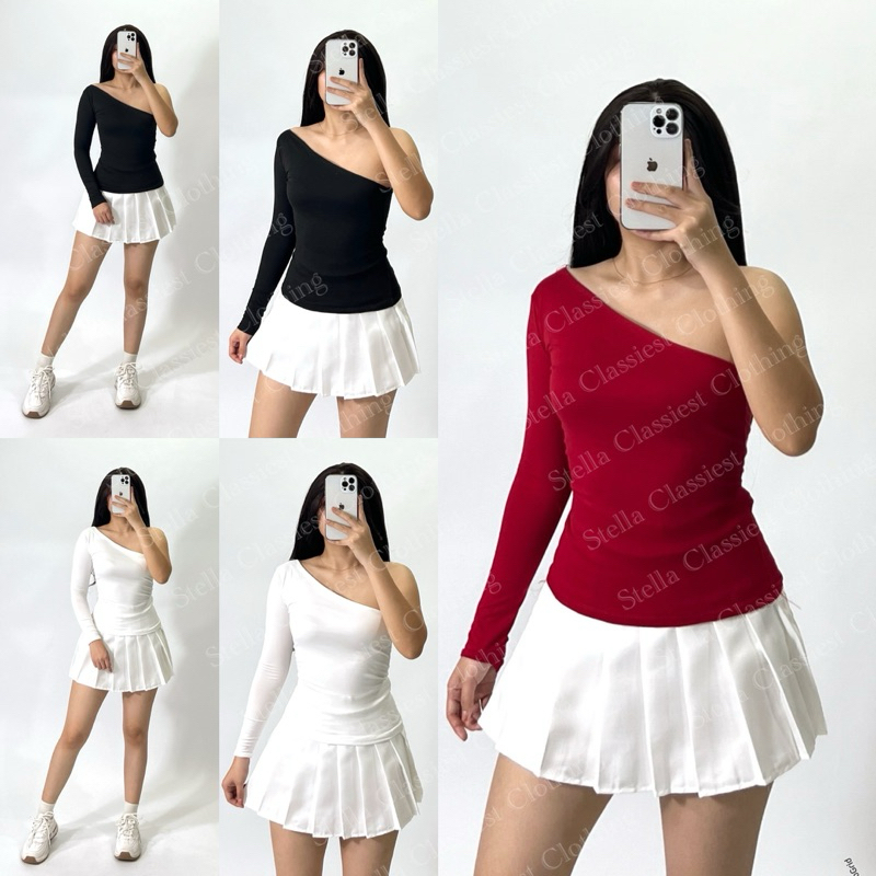 STELLA One Side Shoulder LONG SLEEVE Full Length Basic Top Double ...