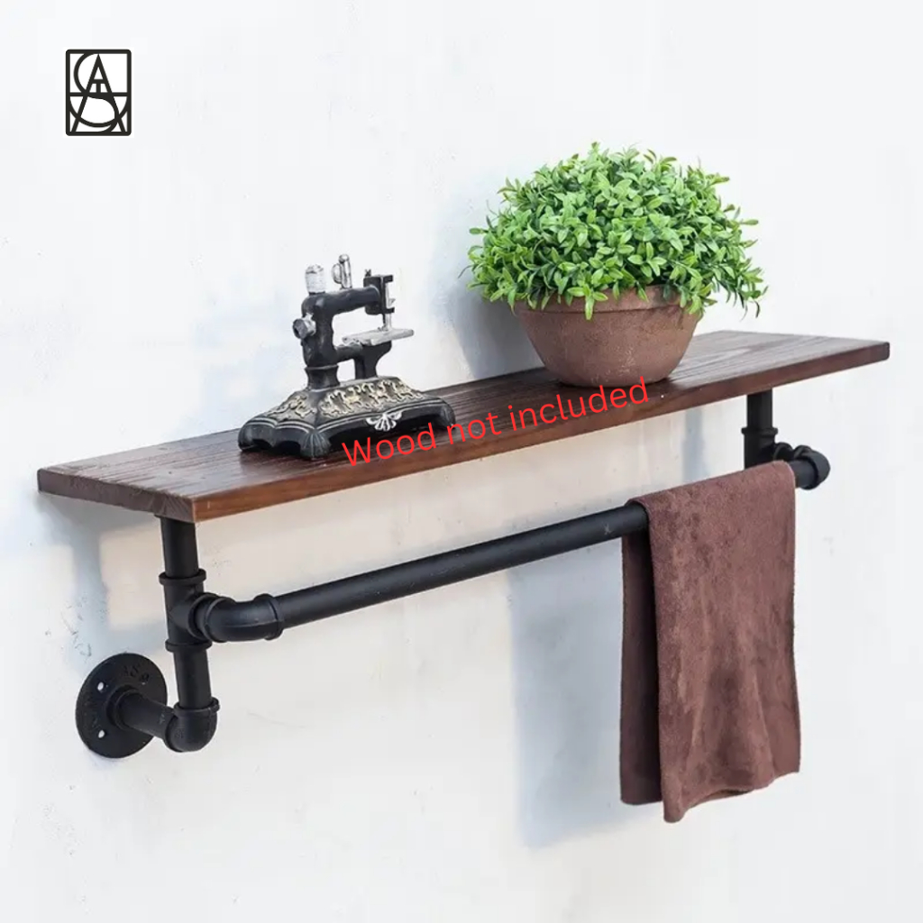 Industrial Pipe Shelf Bracket with Hanger Space Saver Heavy Duty Pipes Electroplated Black ...