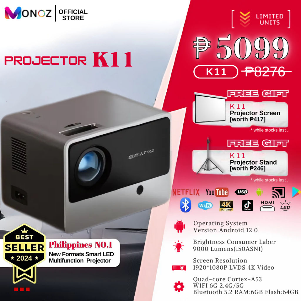 MONOZ K11 Projector FULL 4K HD 1080P Android Mini Projector WIFI LCD ...