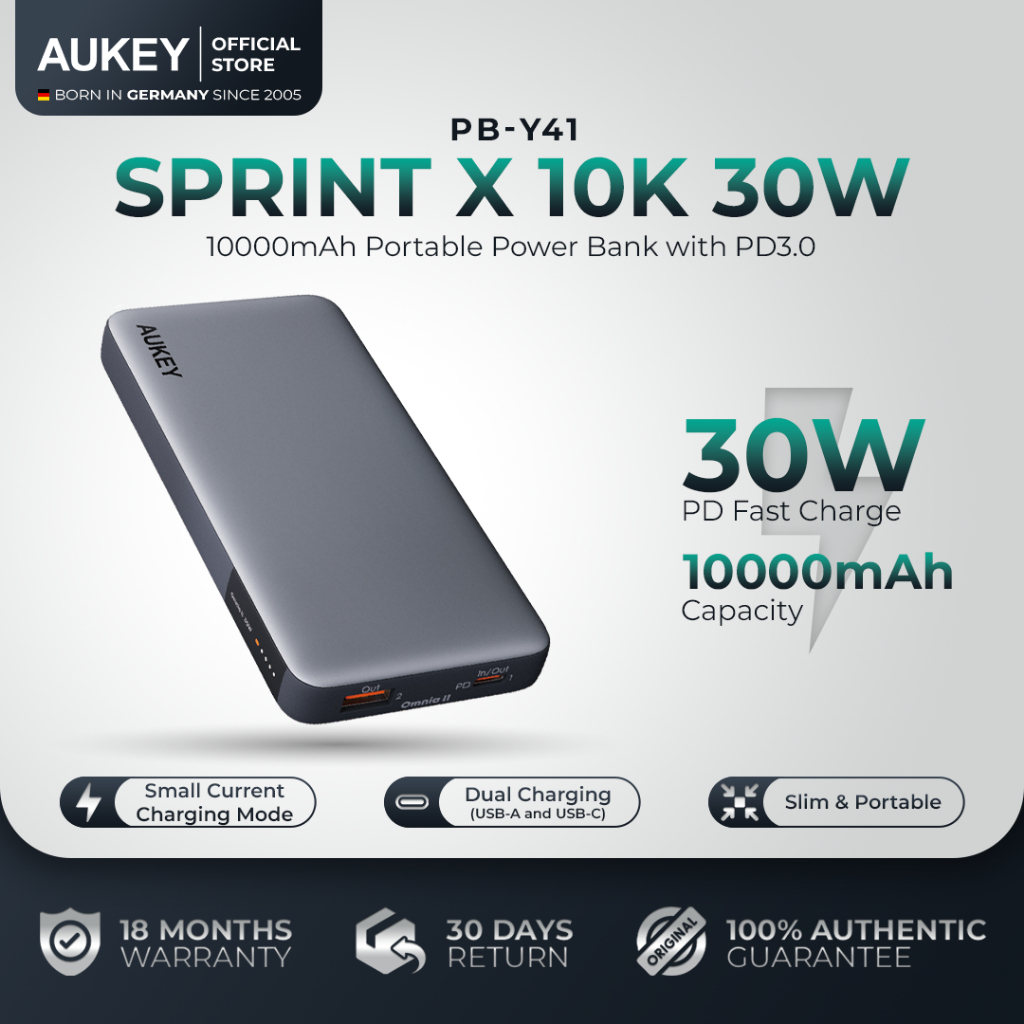 Aukey PB-Y41 Sprint X 10K 30W 10000mAh Portable Power Bank with PD 3.0 ...
