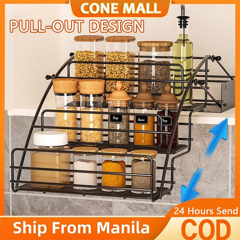 3 Tier Pull Down Spice Rack Retractable Kitchen Storage Rack ...