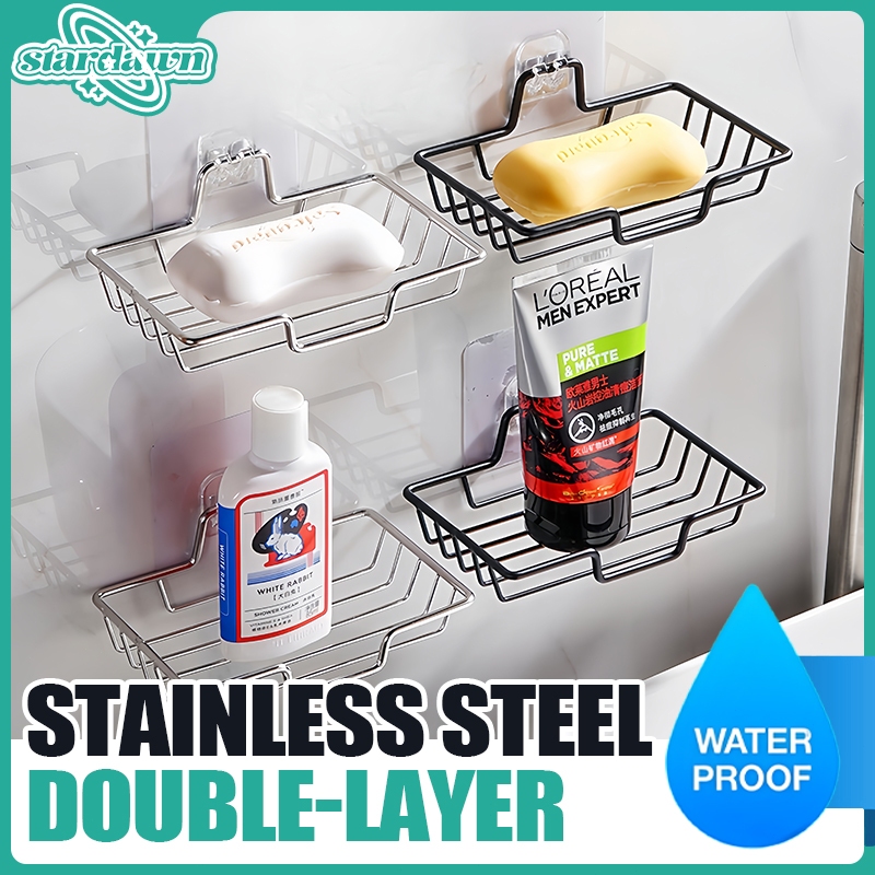 Stainless Steel Double Layers Soap Dish Shelf Wall Mounted Holder Soap ...