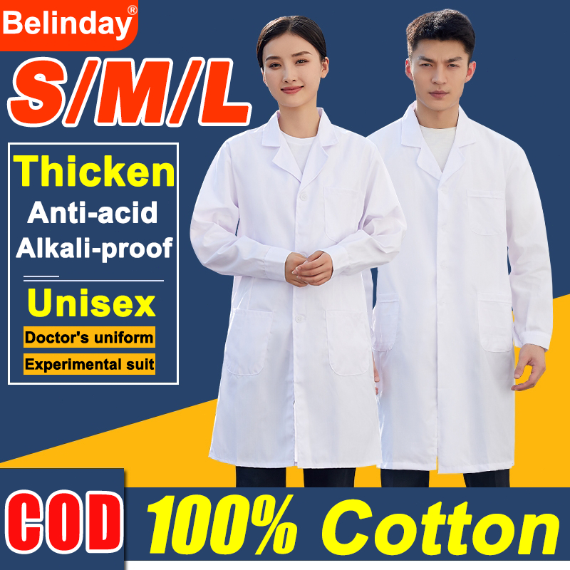 【Cotton 100%】Lab Gown White Coat Long Sleeve Students Unisex Laboratory ...