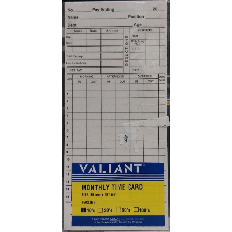 Valiant Monthly Time Card By 20pcs | Shopee Philippines