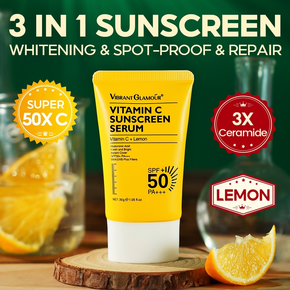 VIBRANT GLAMOUR Vitamin C Sunscreen Serum SPF 50+ PA+++ UVA/UVB Sunblock 50X C 3X Ceramide 30g ...