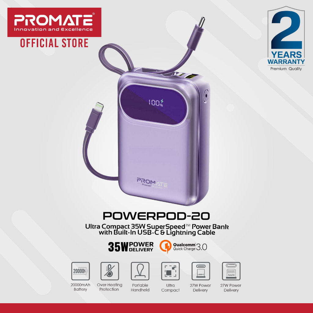 Promate Powerpod-20 Ultra Compact 35W Super Speed Power Bank with Built ...