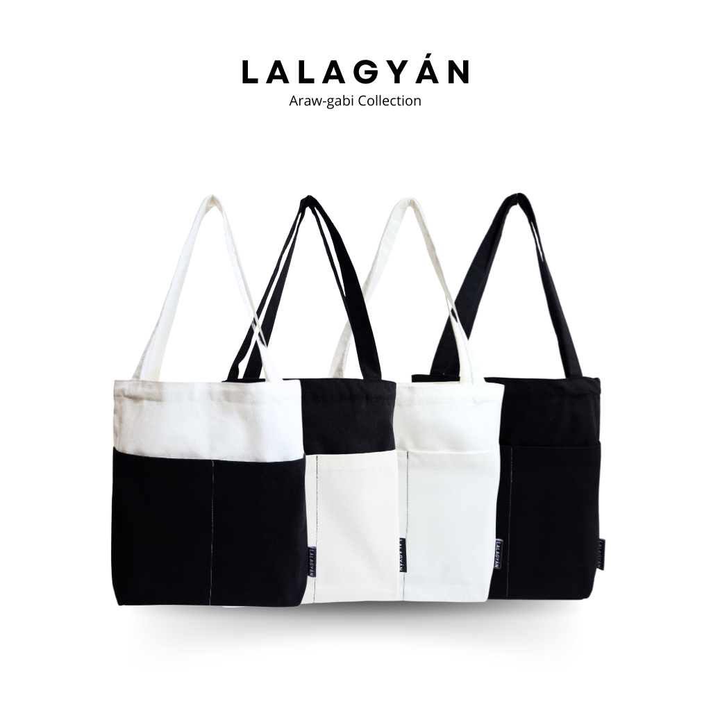 Lalagyan Minimalist Black and White Tote Bag with 3 Pockets | Araw-gabi ...