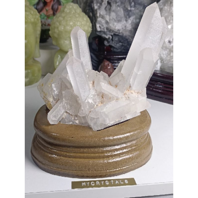 CLEAR QUARTZ CLUSTER WITH CUSTOMIZED WOODEN STAND NATURAL STONE ...
