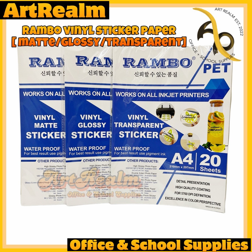 Rambo Vinyl Sticker Paper A4 - Glossy | Matte | Transparent [20 Sheets ...