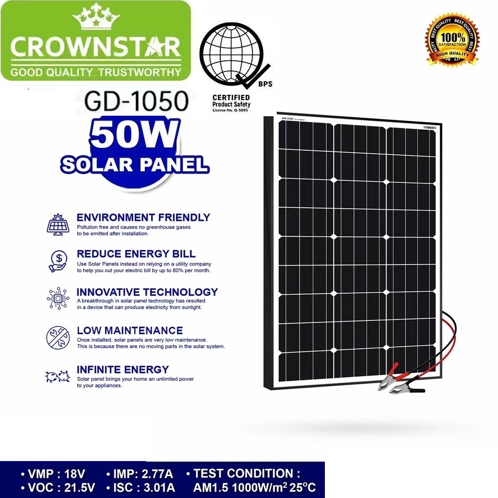 PinSan Crownstar 50 Watts Solar Panel German Cell with Alligator Clip ...