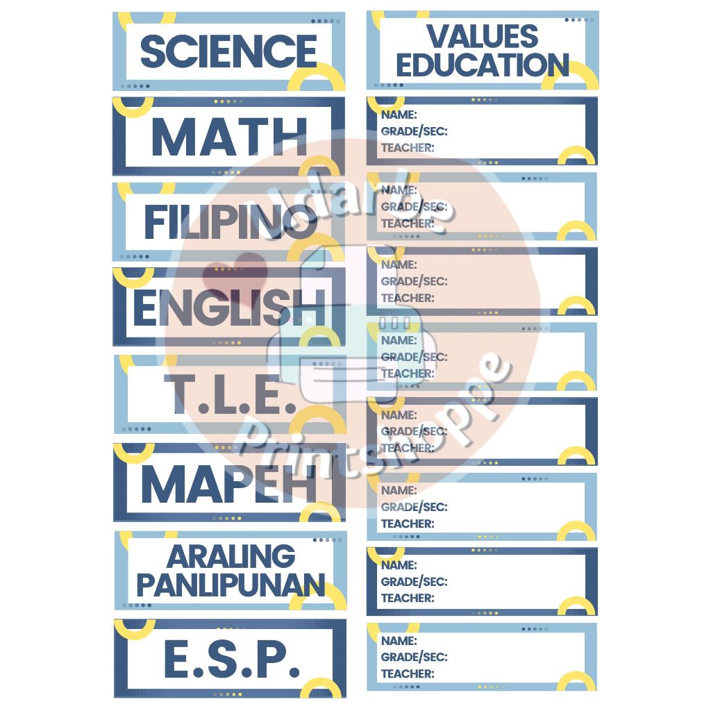 BLUE AESTHETIC SUBJECT & BLANK NAME STICKER ( VALUES EDUC & ESP ...