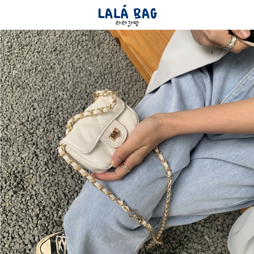 LALÁ BAG Pebbled Leather Micro Wallet Twist Lock Flap Wallet Chain ...