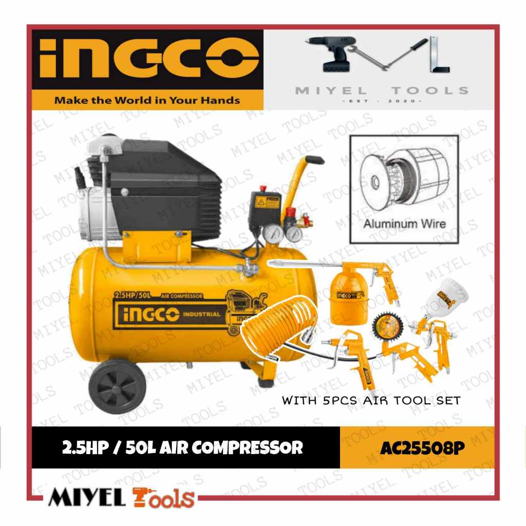 INGCO INDUSTRIAL 2.5HP/50L Air Compressor AC25508P w/ 5Pcs Air Tool kit ...
