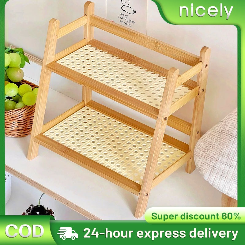 Table Storage Rack Wooden Double-Layer Rattan Desktop rack kitchen ...