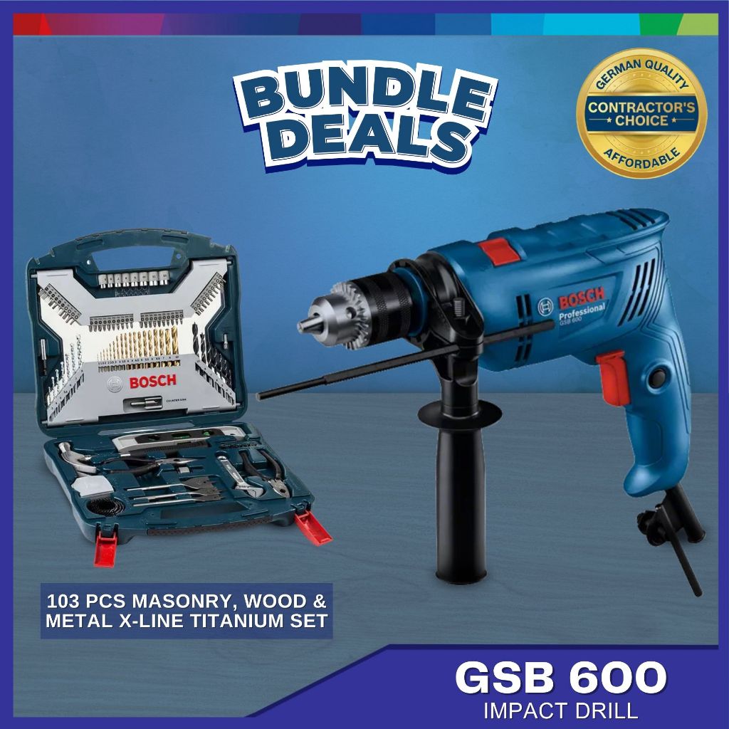 BOSCH PROMO! GSB 600 + Drill Bit & Screwdriver Set 103pcs Masonry, Wood & Metal X-Line Titanium ...