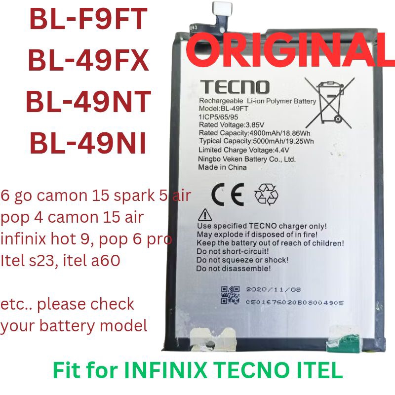 BL-49FT BL-49FX BL-49NT BATTERY ORIGINAL FOR Infinix TECNO SPARK 6 GO ...
