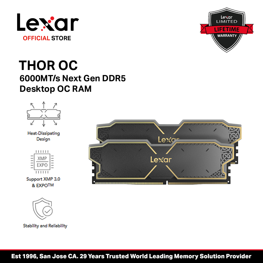 Lexar Thor OC DDR5 16GB (2x8GB) 6000MT/s CL38 1.35V 288-Pin RAM Desktop ...