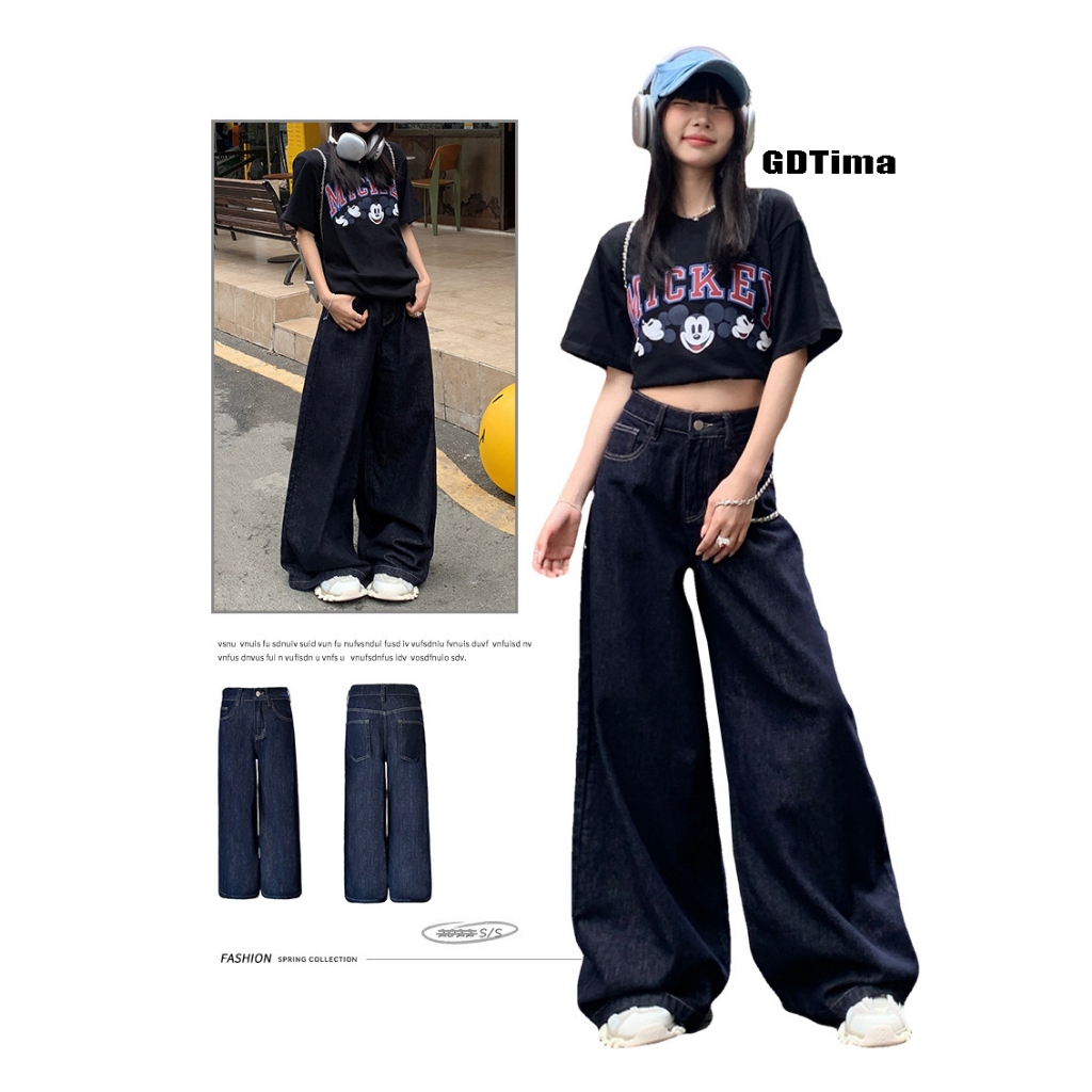 GDTIMA Korean Dark Blue Wide Leg Jeans Women Summer Vintage Loose Drag ...