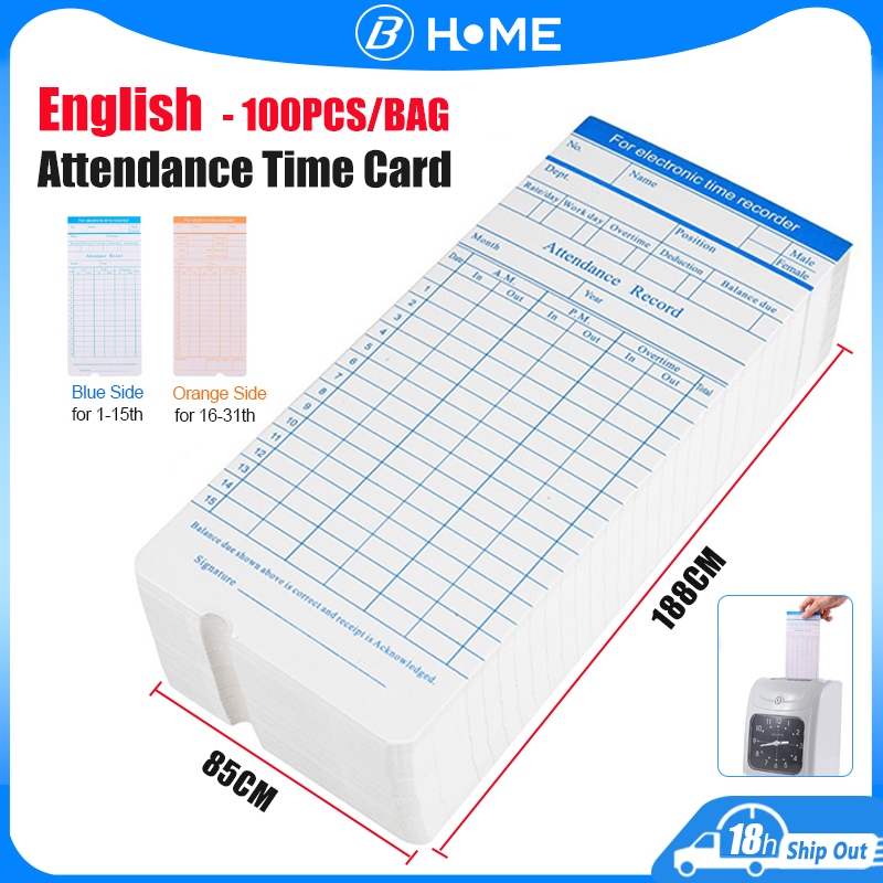English Attendance Time Card 92-100Pcs/Bag Monthly 2-Sided Timecard for ...