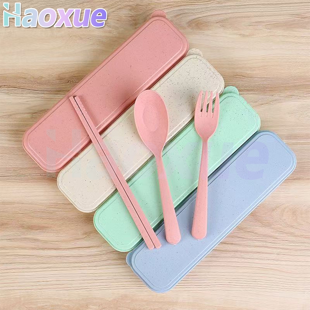 3 In 1 Wheat Straw Spoon Fork Set Organizer Box Travel Friendly Plastic ...