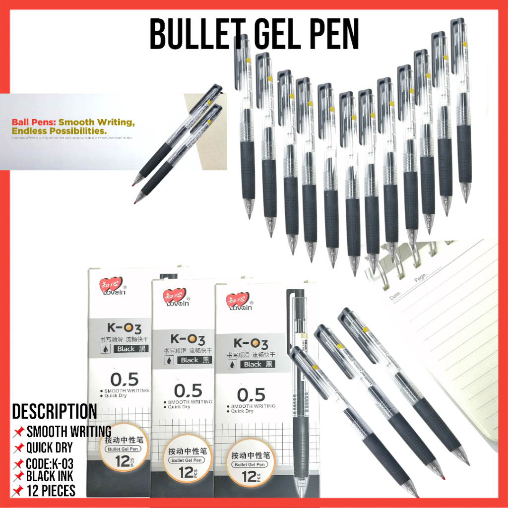 Bullet Gel Pen Black Ink 0.5mm Retractable 12Pieces Ball Point Quick ...