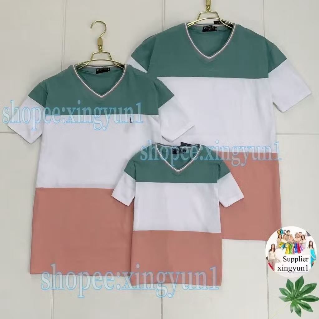 fashion mint green family set V-neck T-shirt original stripes cotton 11 ...