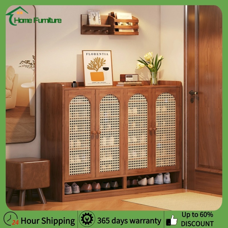 Multi-Layer Shoe Cabinet Rattan Door / Large Capacity Shoe Rack French ...