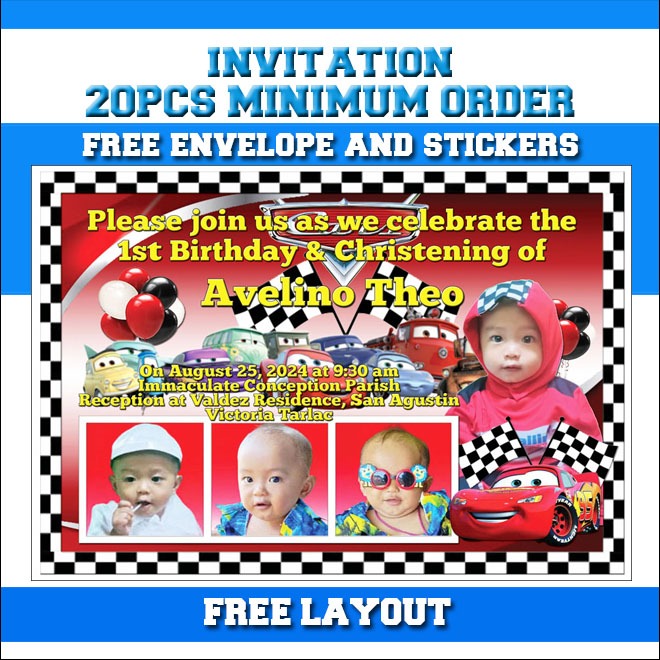 CARS Invitation (FreeLayout) 3r size party birthday christening baptism ...