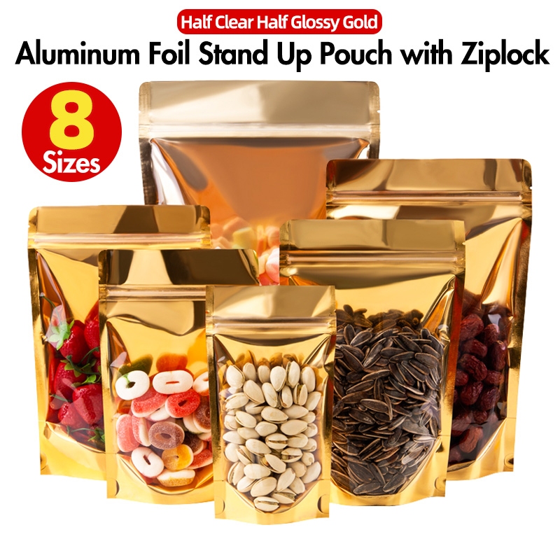 100pcs Half Gold Aluminum Half Clear Stand Up Pouch Packaging ...