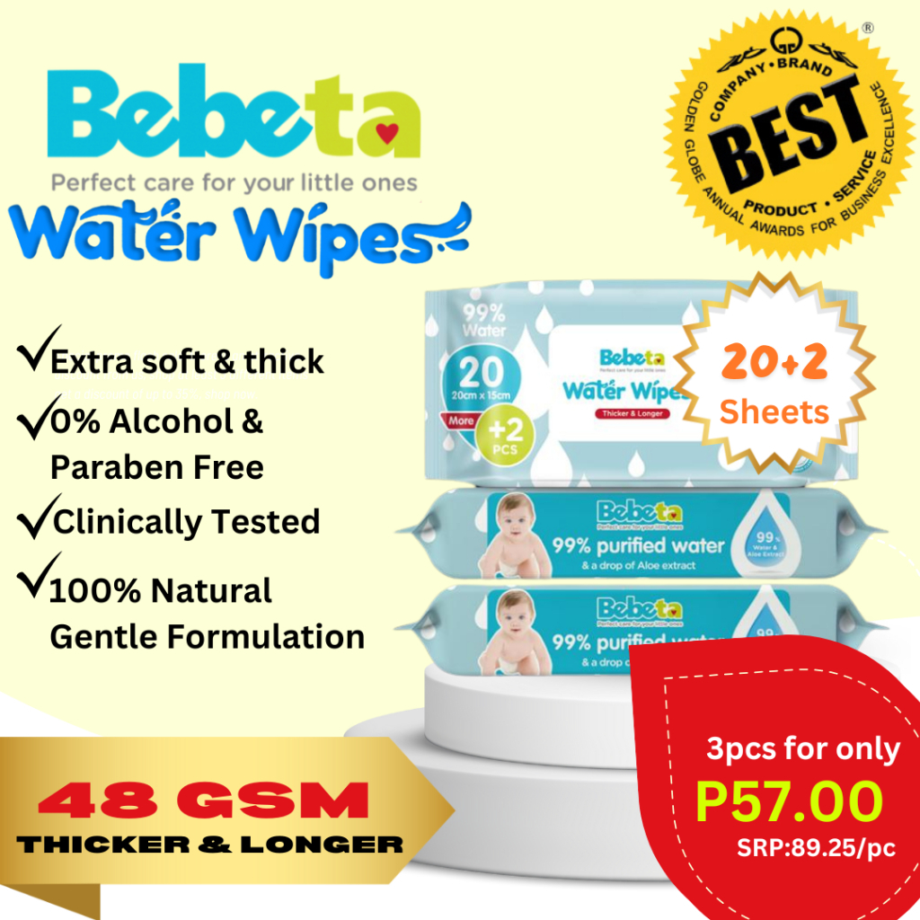 Bebeta Wet Wipes Pure Water w/ Aloe Vera Scent 20 sheet Pack of 3PCS ...
