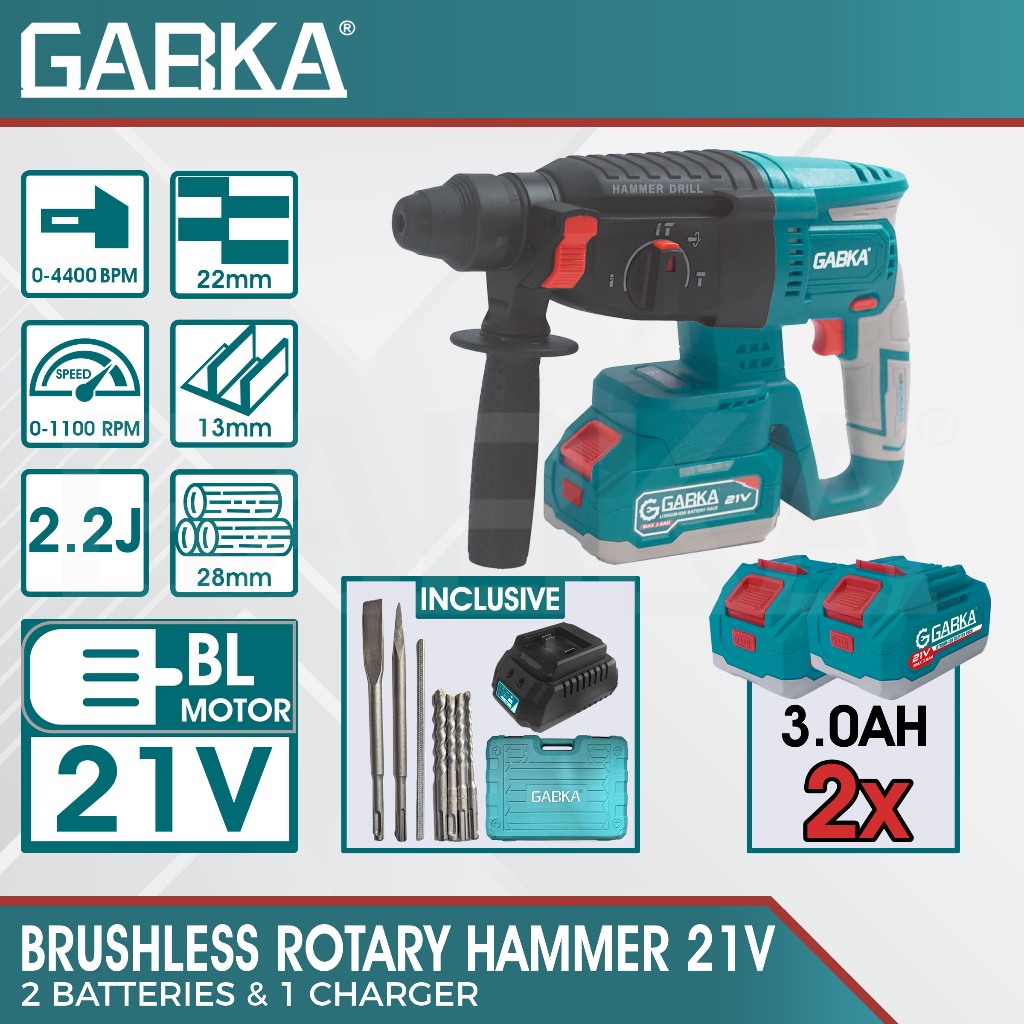 GABKA Brushless Rotary Hammer Drill 21V Set SDS Plus Heavy Duty Battery ...