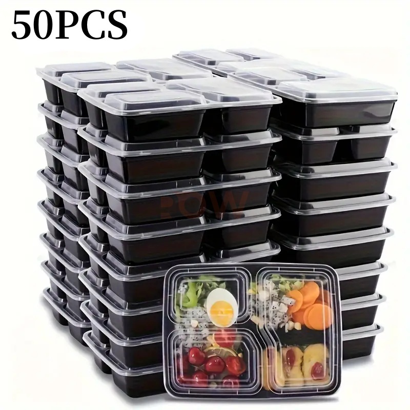 50PCS Bento Box Tray With Plastic Lid Microwavable Food Box Cleak Black ...