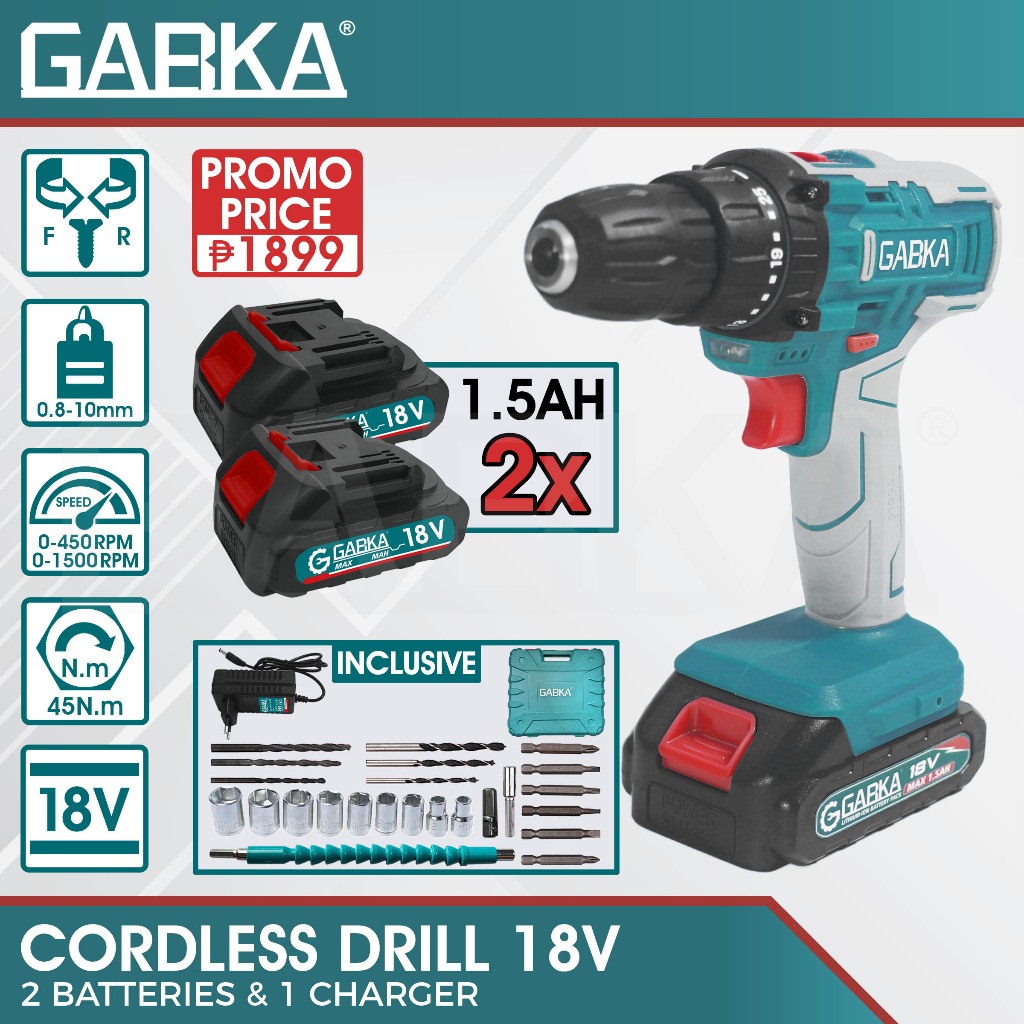 GABKA Cordless Drill 18V Set Heavy Duty Battery Rechargeable 2 Speed ...