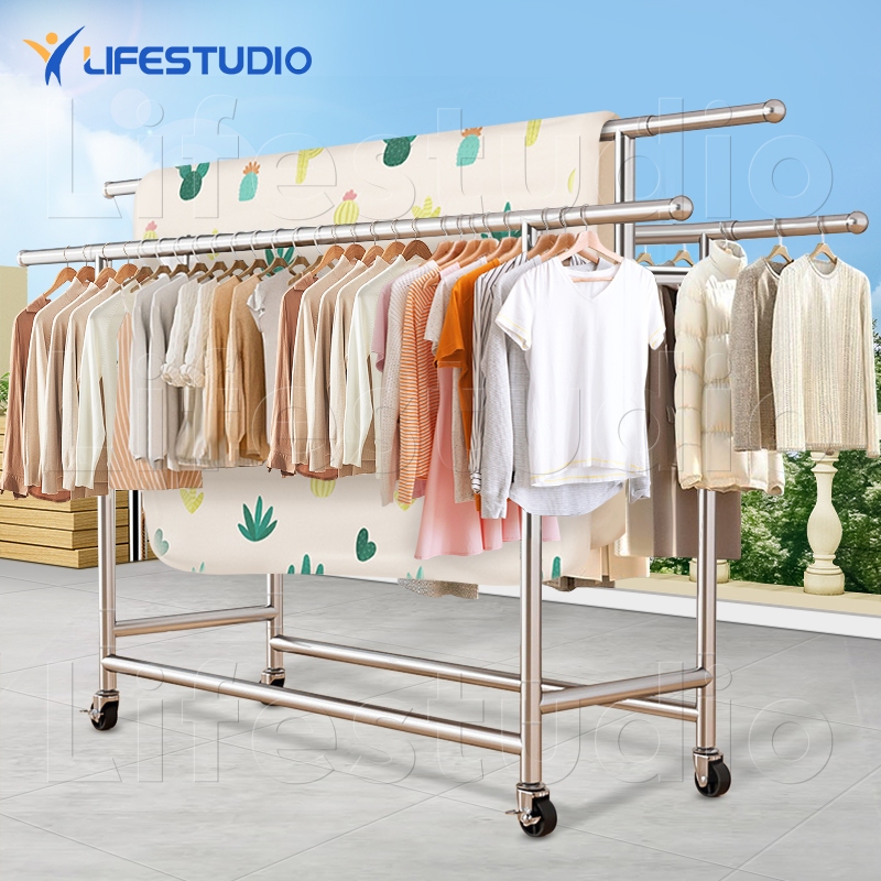 【Free hooks】Extendable Drying Rack with Wheels 200CM 3-Rod Foldable ...