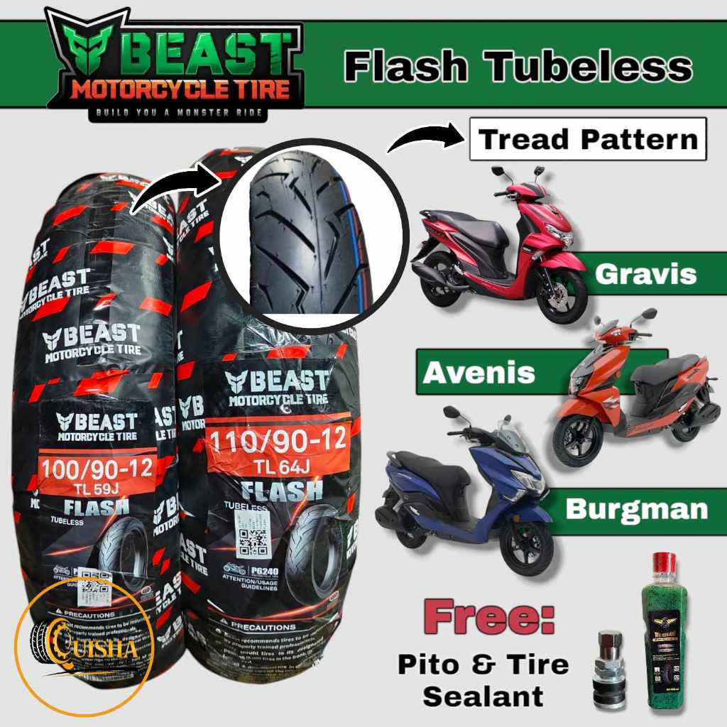 BEAST TIRE FLASH TUBELESS TIRE100/90/10, 100/90/12, 110/90/10, 110/90 ...