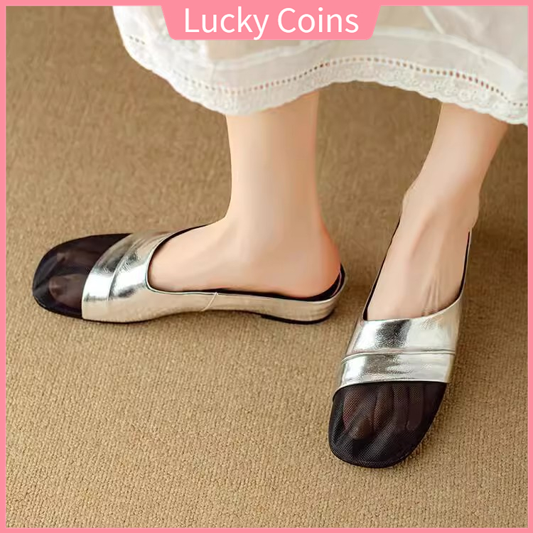 COD Silver Mesh Toe Doll Flat Non-Slip Rubber Sole Women's Flat Slip-On ...