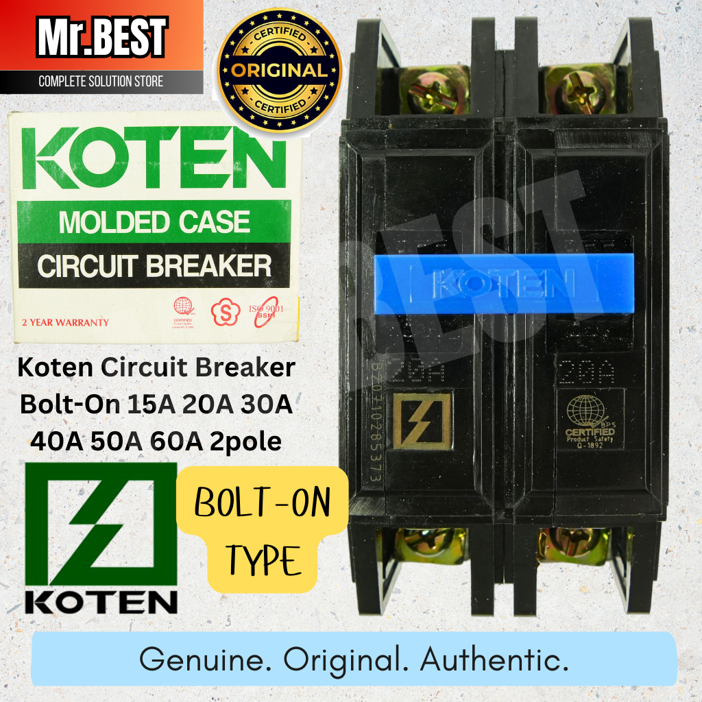 Original Koten Circuit Breaker Bolt-On & Plug-In Type 15, 20, 30, 40, 50, 60, 70, 100Amp 2pole ...