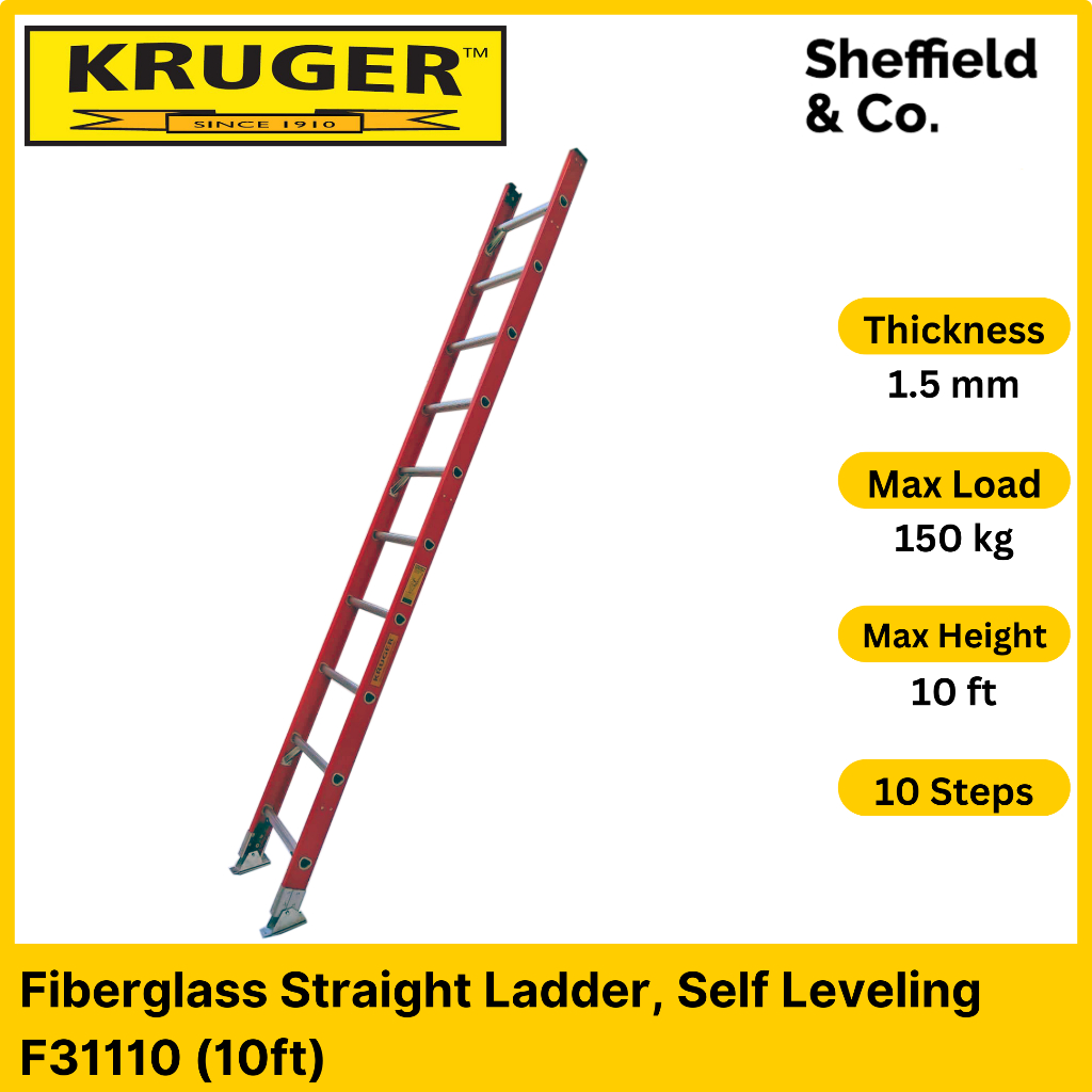 Kruger Fiberglass Straight Ladder, Self Leveling, F31110 (10 Steps ...