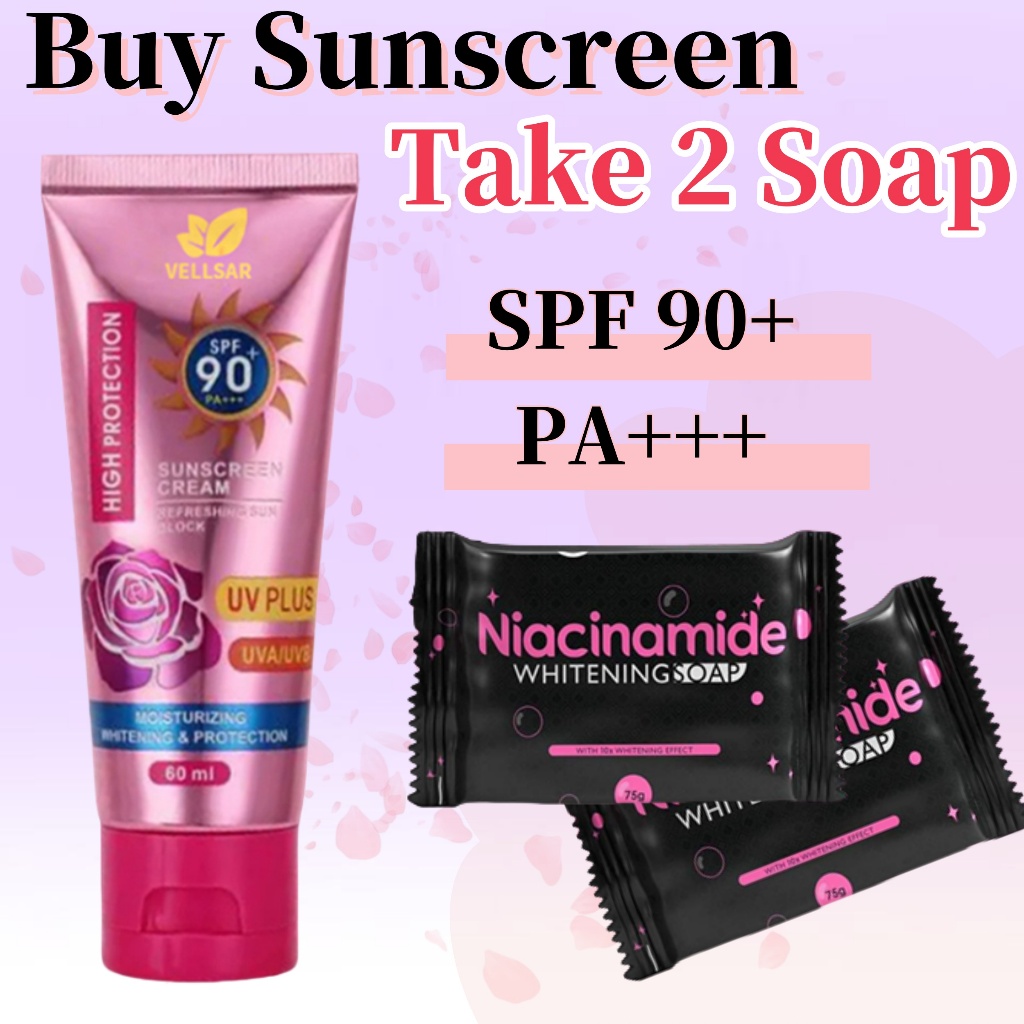 【Buy 1 take 2】 VELLSAR Sunscreen Cream SPF90+ PA+++ 60ml+2PRESTIGE Niacinamide Whitening Soap ...