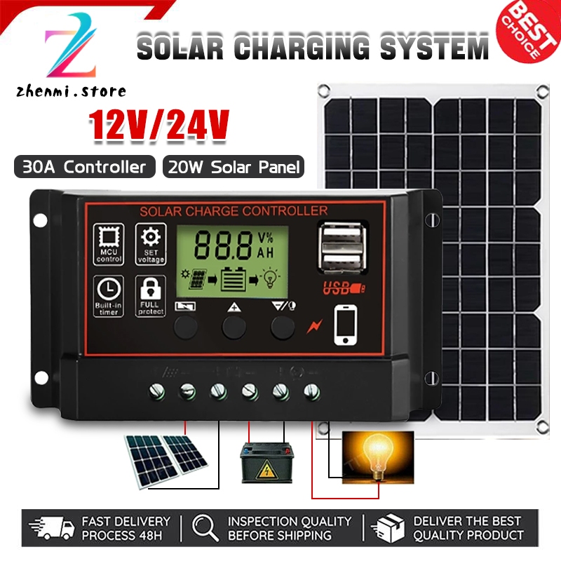 Solar Charge Controller PWM 10A/20A/30A LCD Digital Display Solar Charge System With 20W Solar ...
