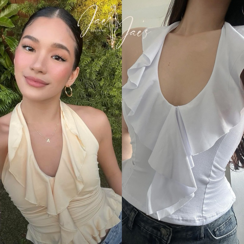 Aiah V-Neck Classy Ruffle Halter Cotton Basic Body Hugging Top For ...