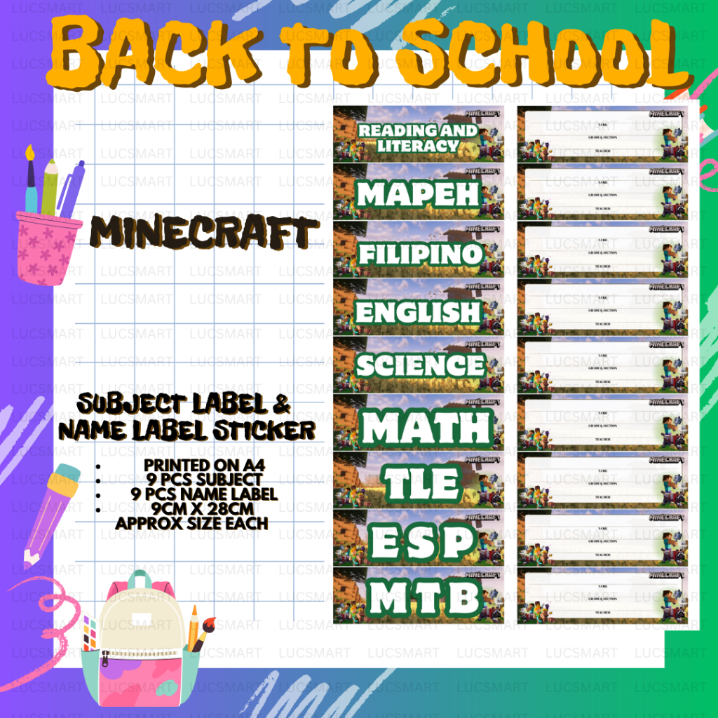 LUCSMART Fast shipping - NEW DESIGN MINECRAFT THEMED Subject and Name ...