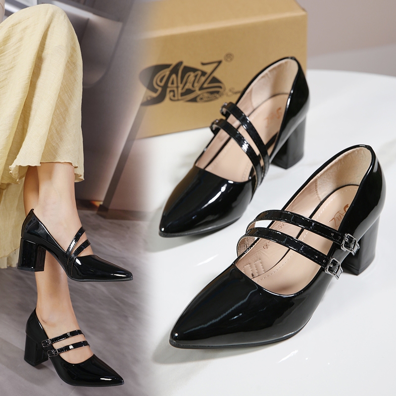 [JOAN] summer fashion pointed toe glossy black leather 2 inch high ...