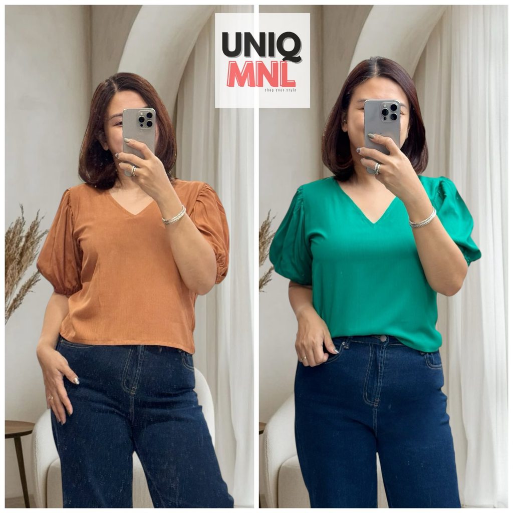 UNIQ.MNL Melissa Basic V-Neck Blouse Puff-Sleeves Linen Casual Top | 2 Sizes | Shopee Philippines