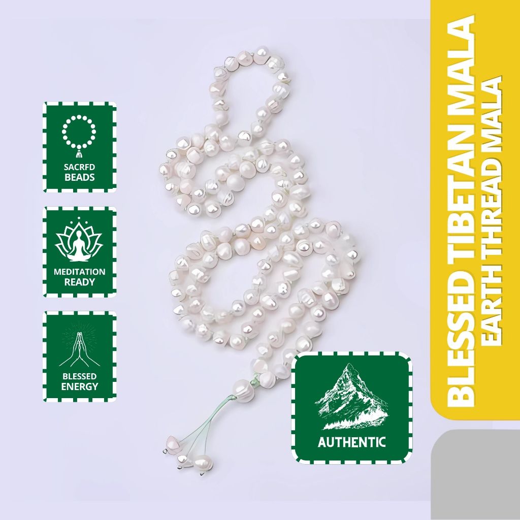 Earth Thread Mala - Blessed Tibetan Mala with Pearls & Green Cord ...